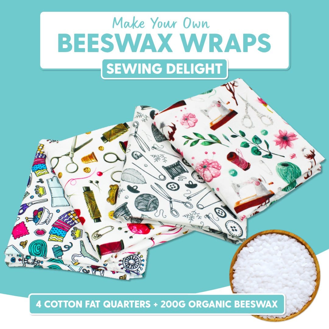 DIY Beeswax Wrap Kit- 4 Cotton Fat Quarters + 200g Beeswax (Sewing Del – Pound A Metre