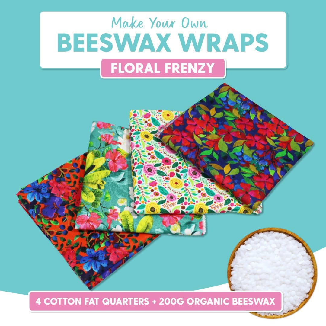 DIY Beeswax Wrap Kit- 4 Cotton Fat Quarters + 200g Beeswax (Floral Fre ...